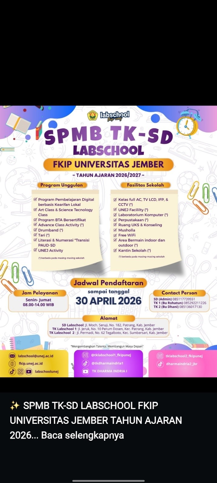 FKIP Universitas Jember Buka SPMB TK–SD Labschool Tahun Ajaran 2026/ ...